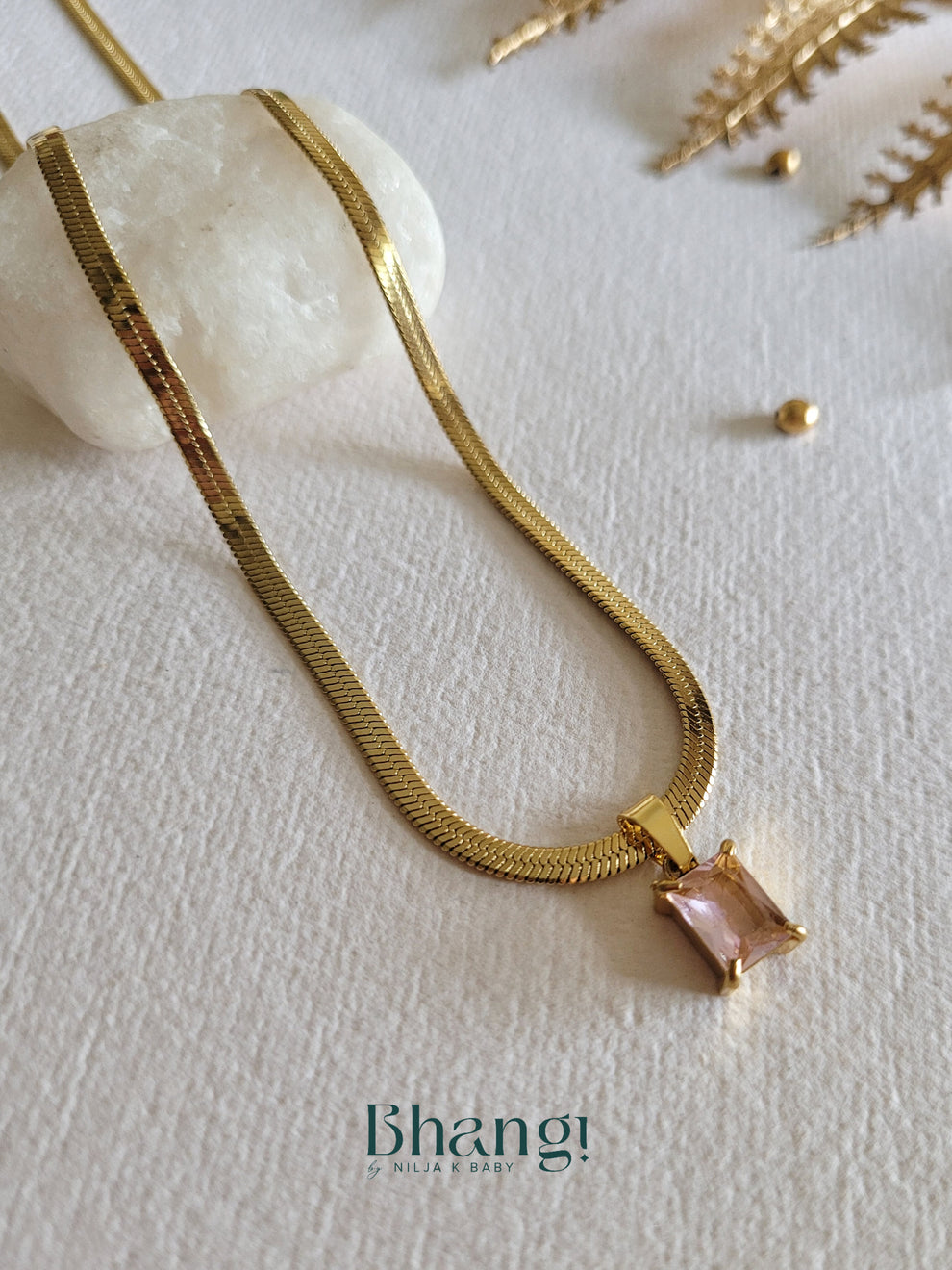Golden Rectangle Pink Stone Chain – Bhangi Jewels
